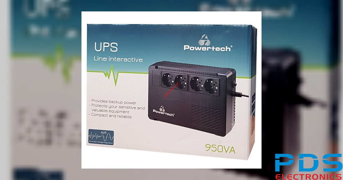 Line Interactive UPS Powertech PT-950C, 950VA/570W, 4x schuko Box | pds.com.gr
